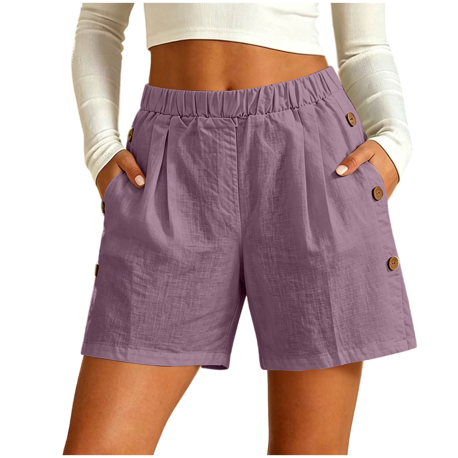 ATOYSOY Womens Solid Color Button Detail Shorts Drawstring Elastic ...