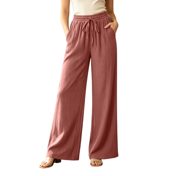 ATOYSOY Womens Solid Color Drawstring Waist Textured Wide Leg Pants ...