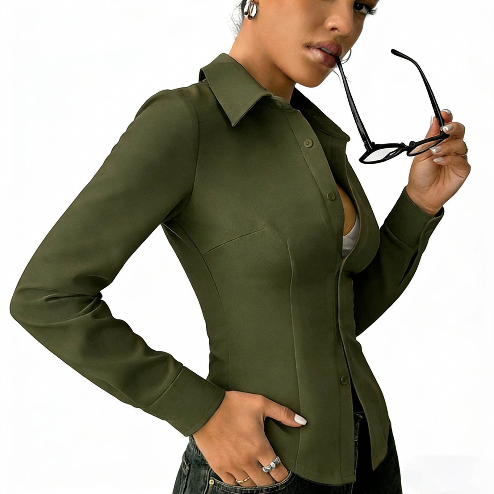 ATOYSOY Womens Solid Color Fitted Dressy Tops Lapel Collar Flared Cuff ...
