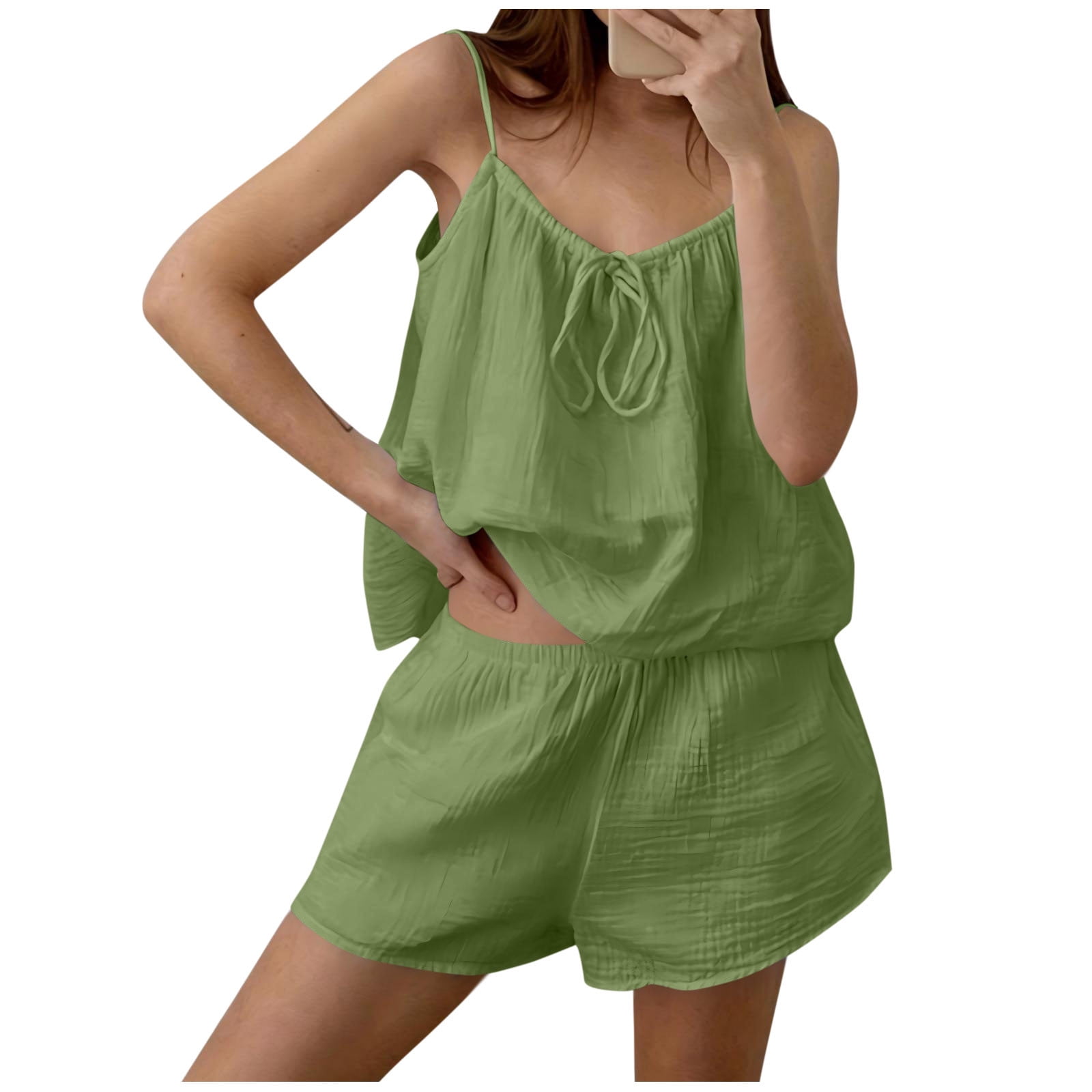 ATOYSOY Womens Solid Color Two Piece Outfit Spaghetti Strap Camisole ...
