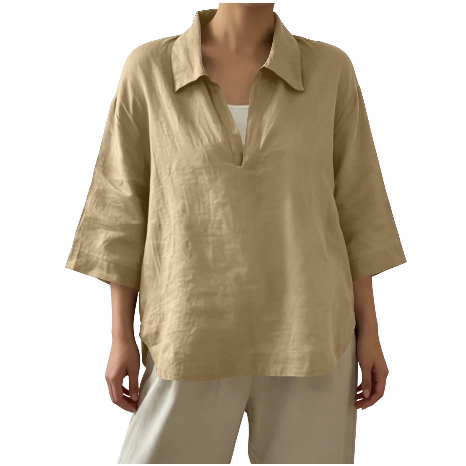 ATOYSOY Womens Solid Linen Half Tops V Neck Pullover Blouse Notch Lapel ...