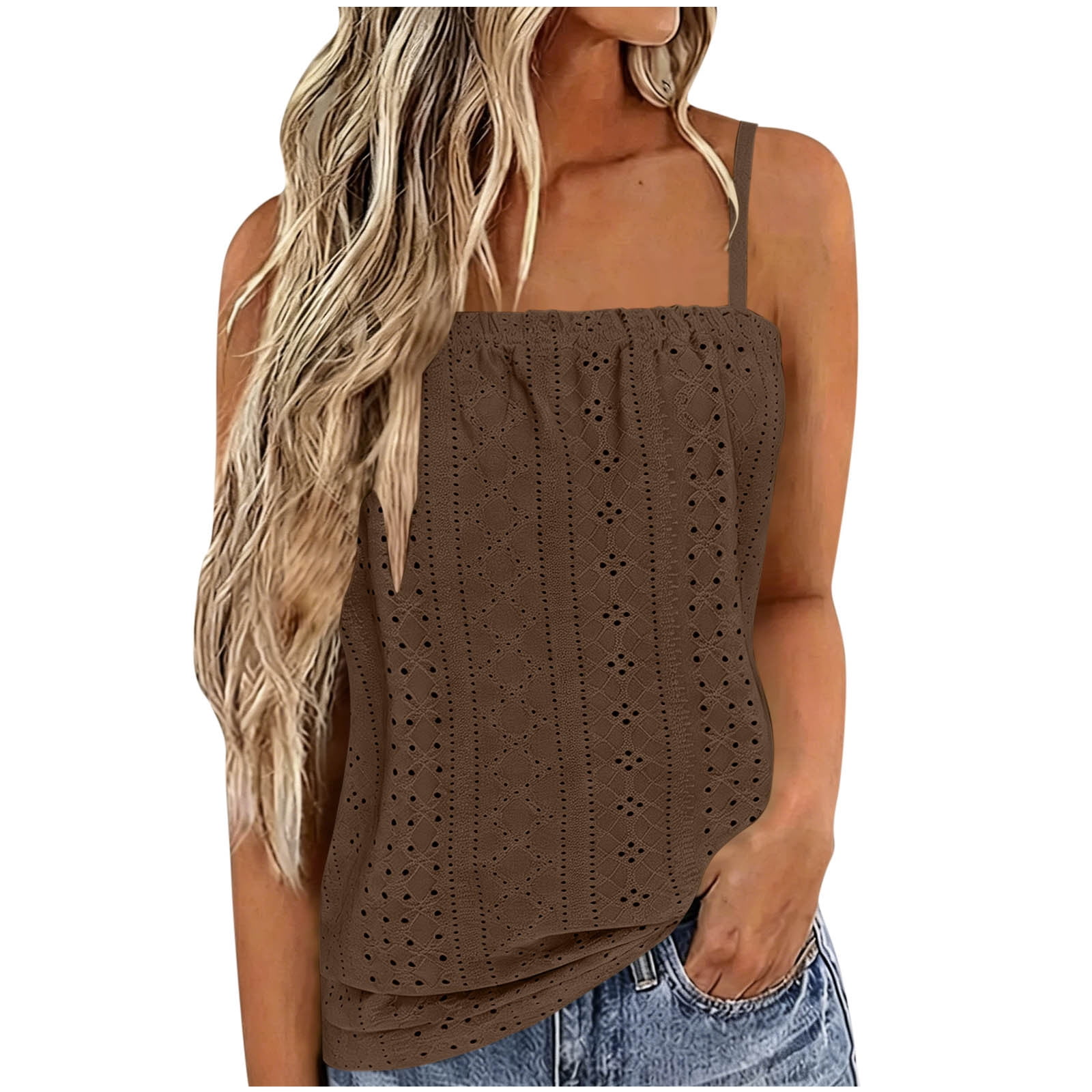 ATOYSOY Womens Spaghetti Strap Eyelet Embroidery Cami Top Geometric ...