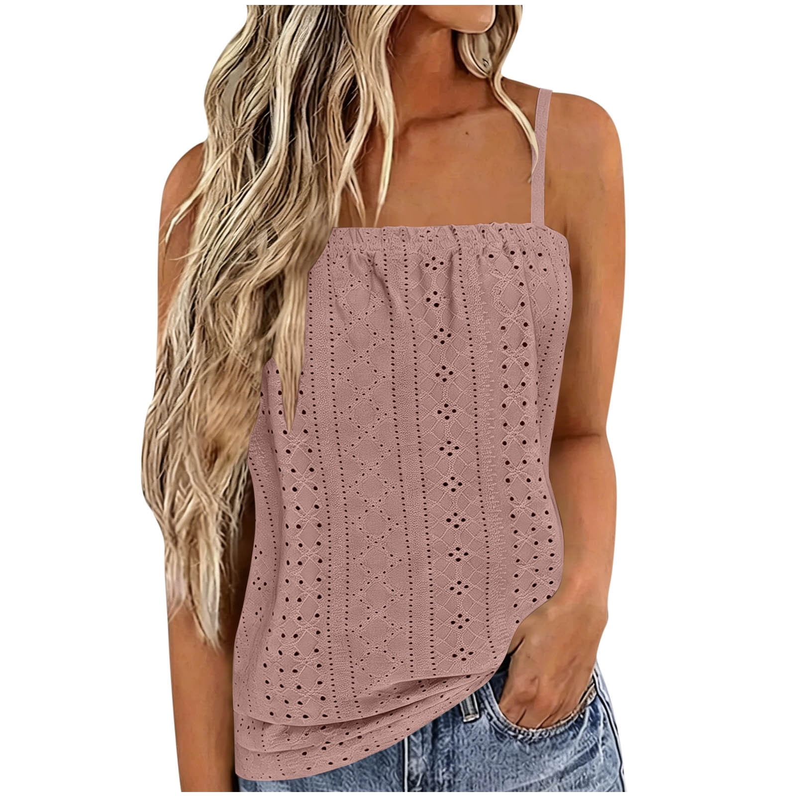 ATOYSOY Womens Spaghetti Strap Eyelet Embroidery Cami Top Geometric ...