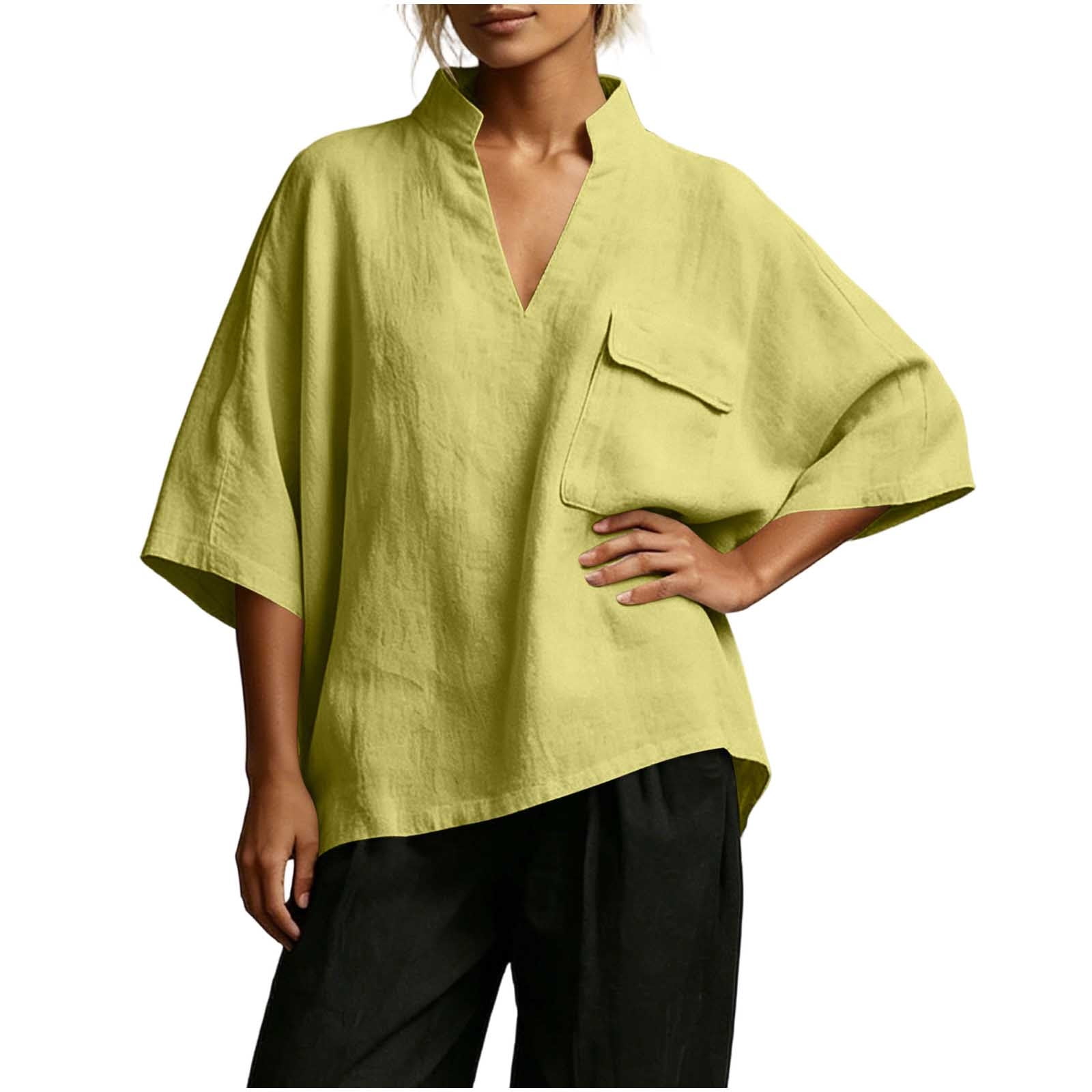 ATOYSOY Womens Stand Collar Split V Neck Batwing Blouse Short Sleeve ...
