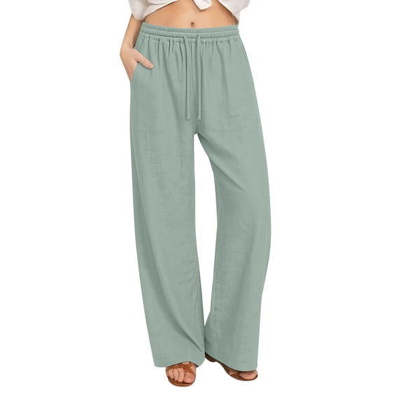 ATOYSOY Womens Straight Leg Linen Pants Solid Color Drawstring Elastic ...