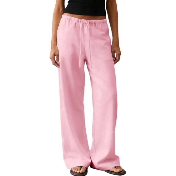 ATOYSOY Womens Straight Leg Linen Pants Solid Color Drawstring Elastic ...