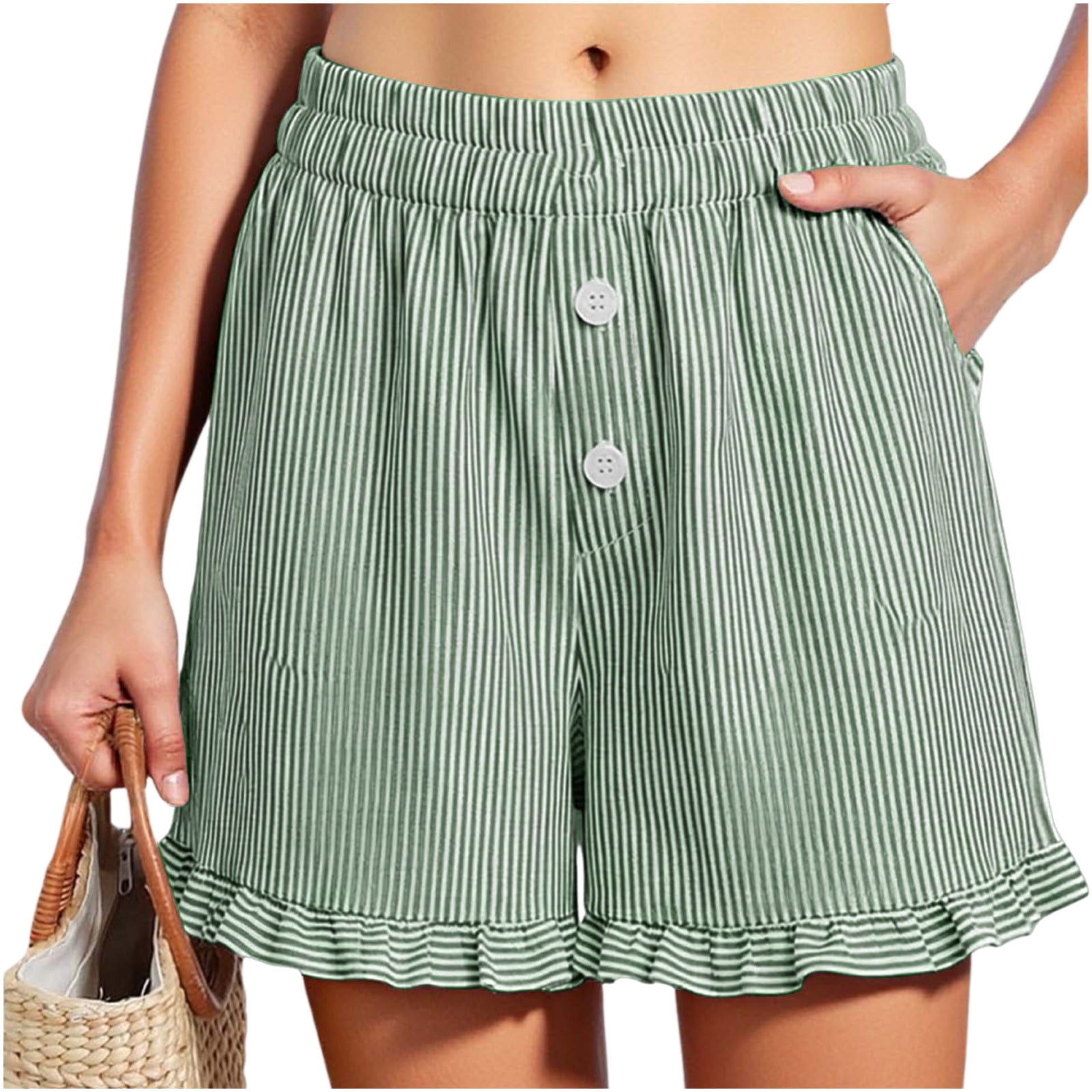 ATOYSOY Womens Striped Ruffle Hem Shorts Elastic Waist Casual Summer ...