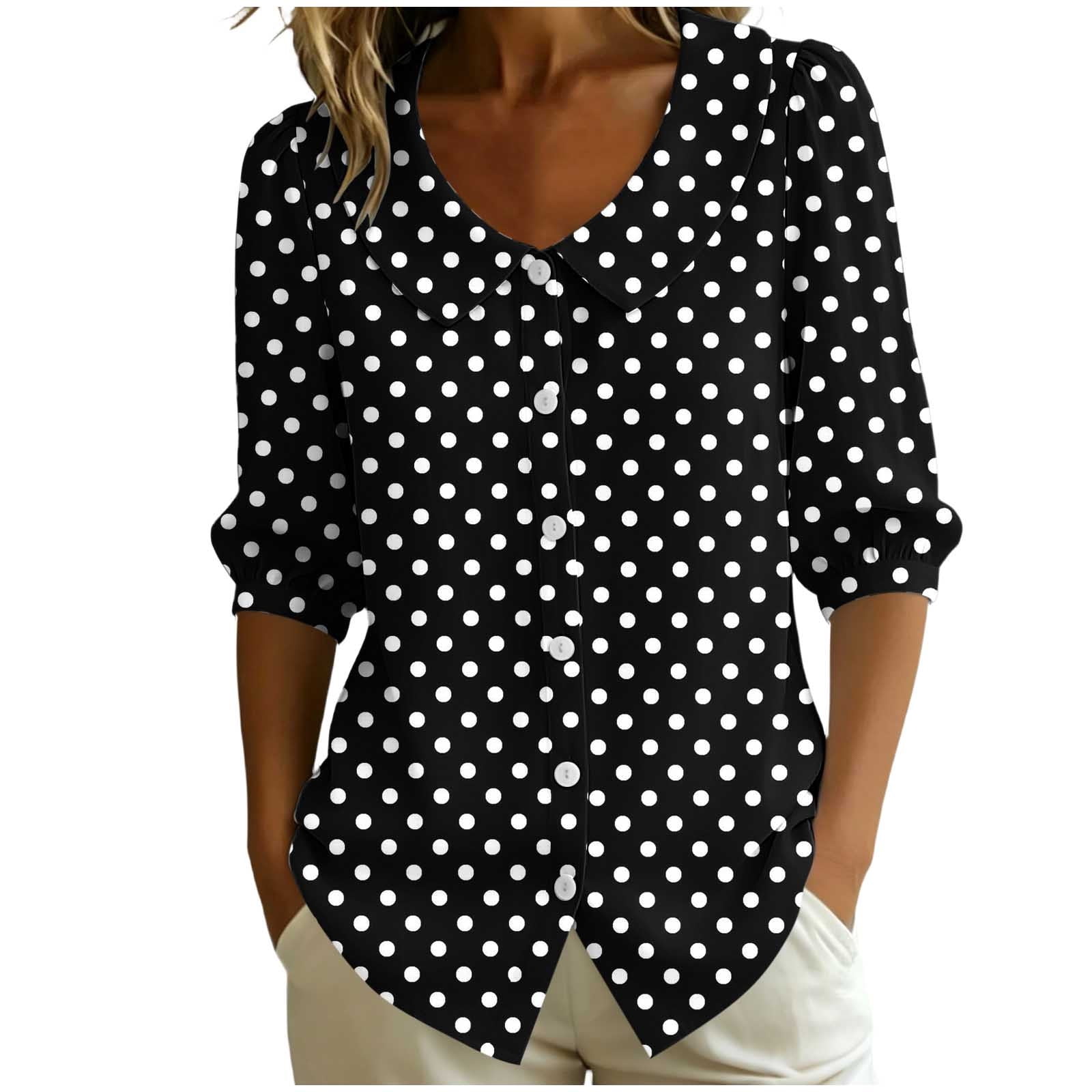ATOYSOY Womens Tops Dressy Casual Dotted Round Collar Full Button Puff ...
