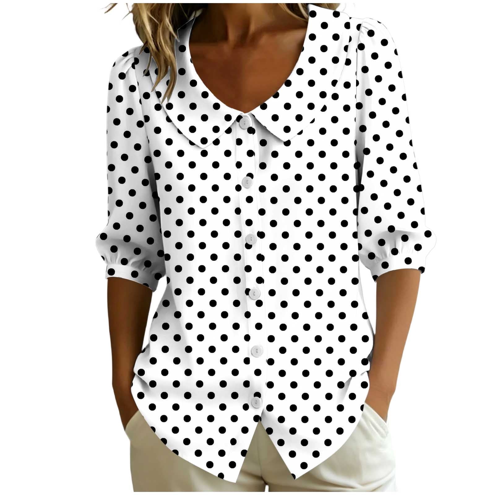 ATOYSOY Womens Tops Dressy Casual Dotted Round Collar Full Button Puff ...