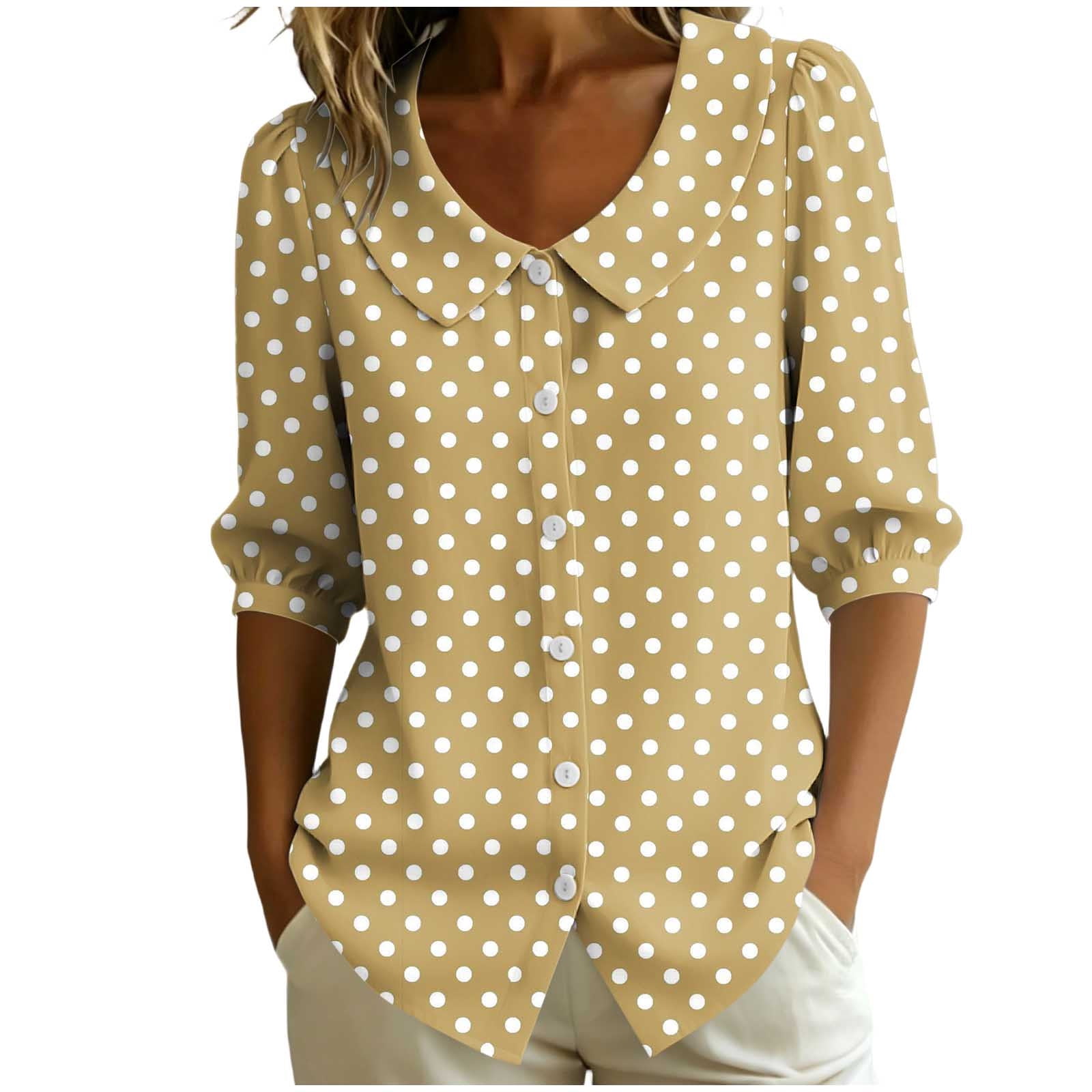 ATOYSOY Womens Tops Dressy Casual Dotted Round Collar Full Button Puff ...