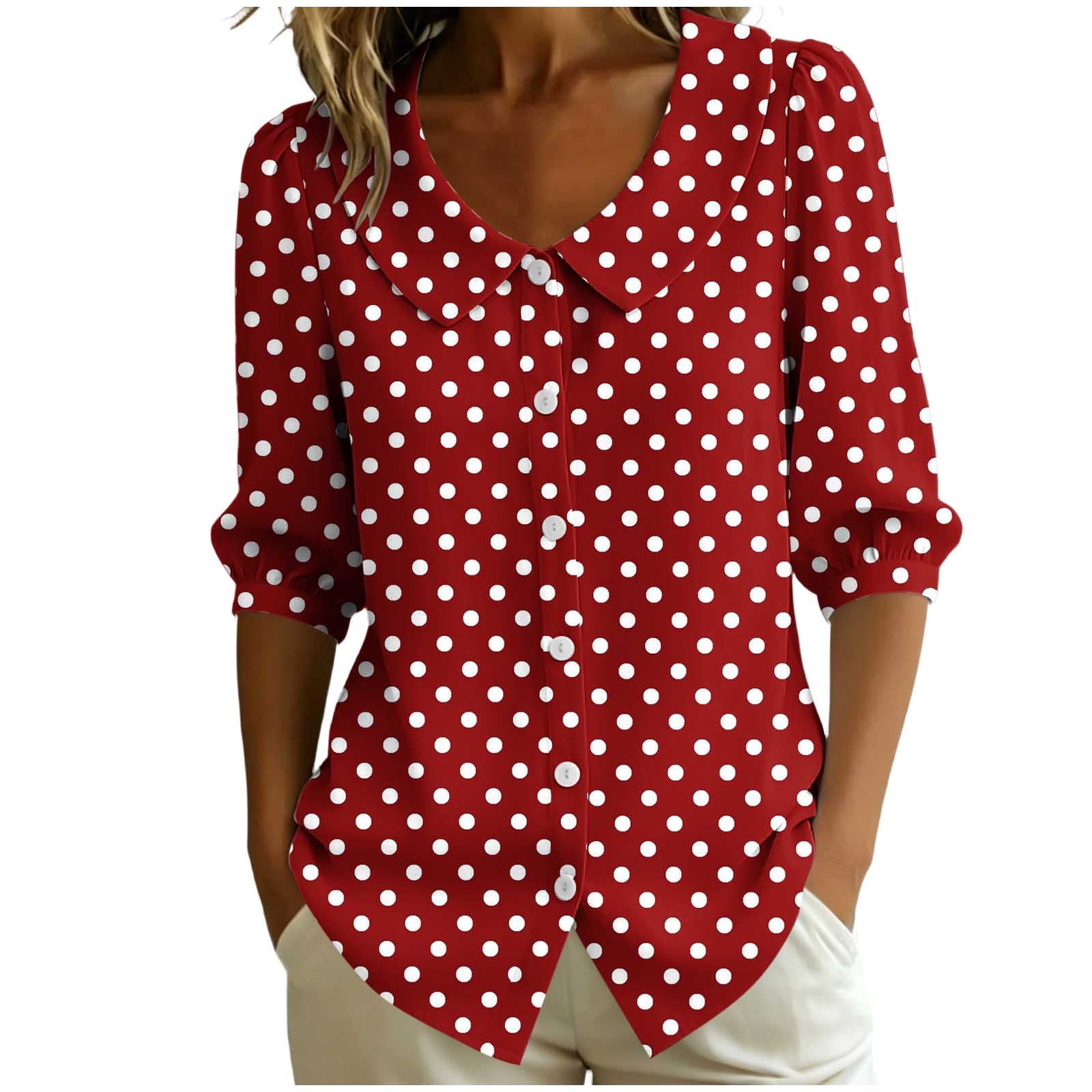 ATOYSOY Womens Tops Dressy Casual Dotted Round Collar Full Button Puff ...