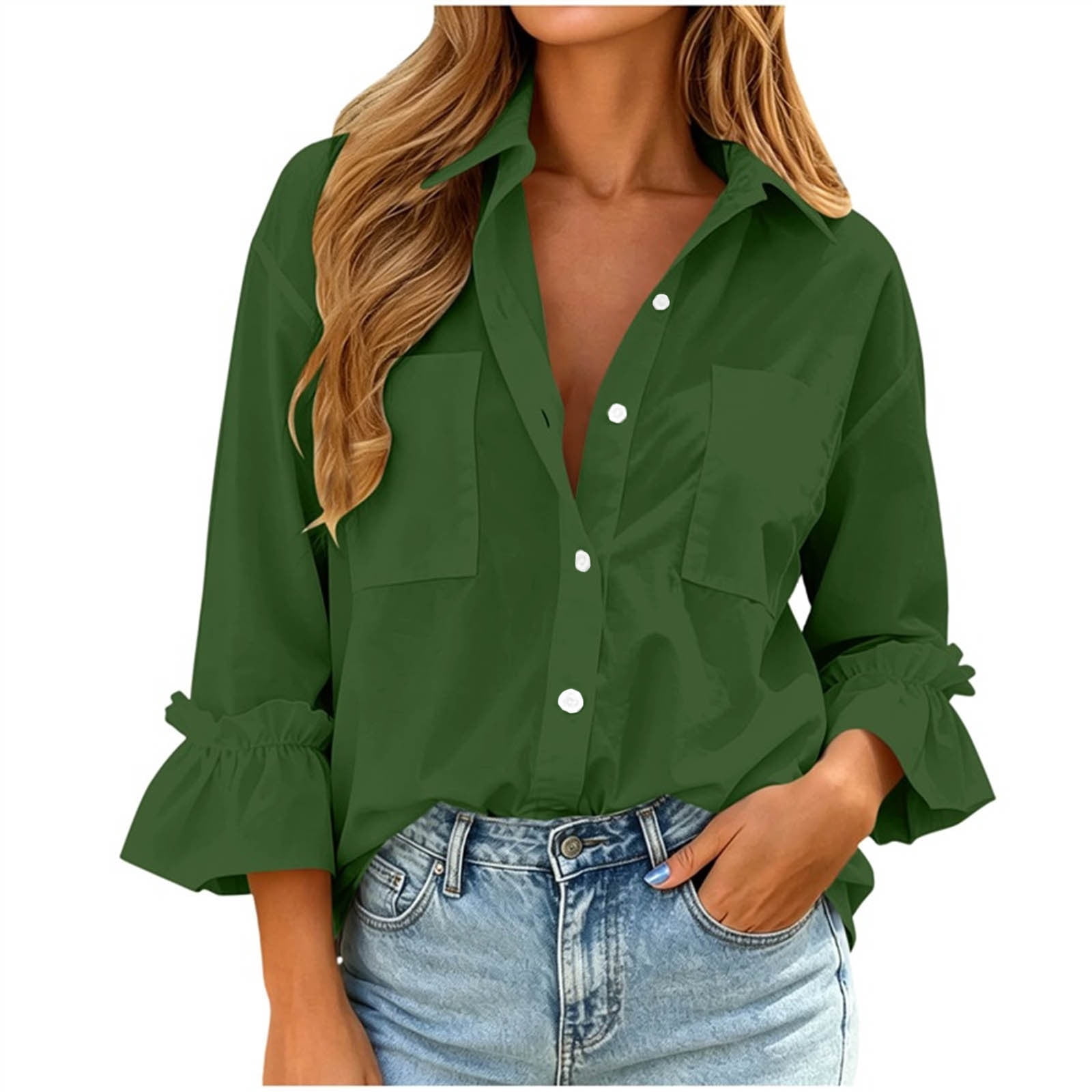 ATOYSOY Womens Tops Dressy Casual Solid Color Point Collar Pocket ...