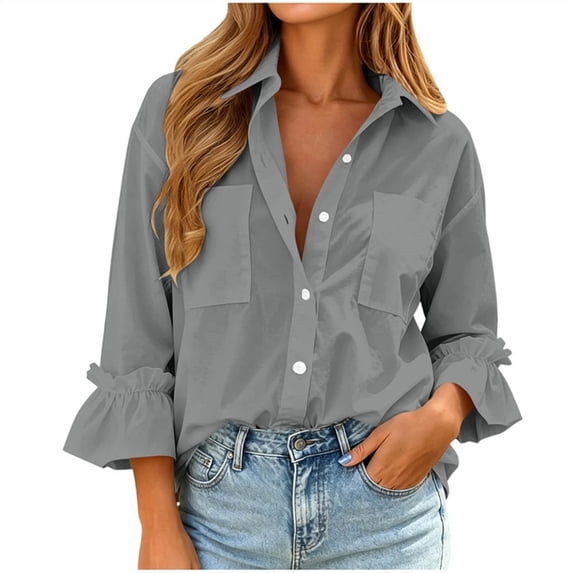 ATOYSOY Womens Tops Dressy Casual Solid Color Point Collar Pocket ...