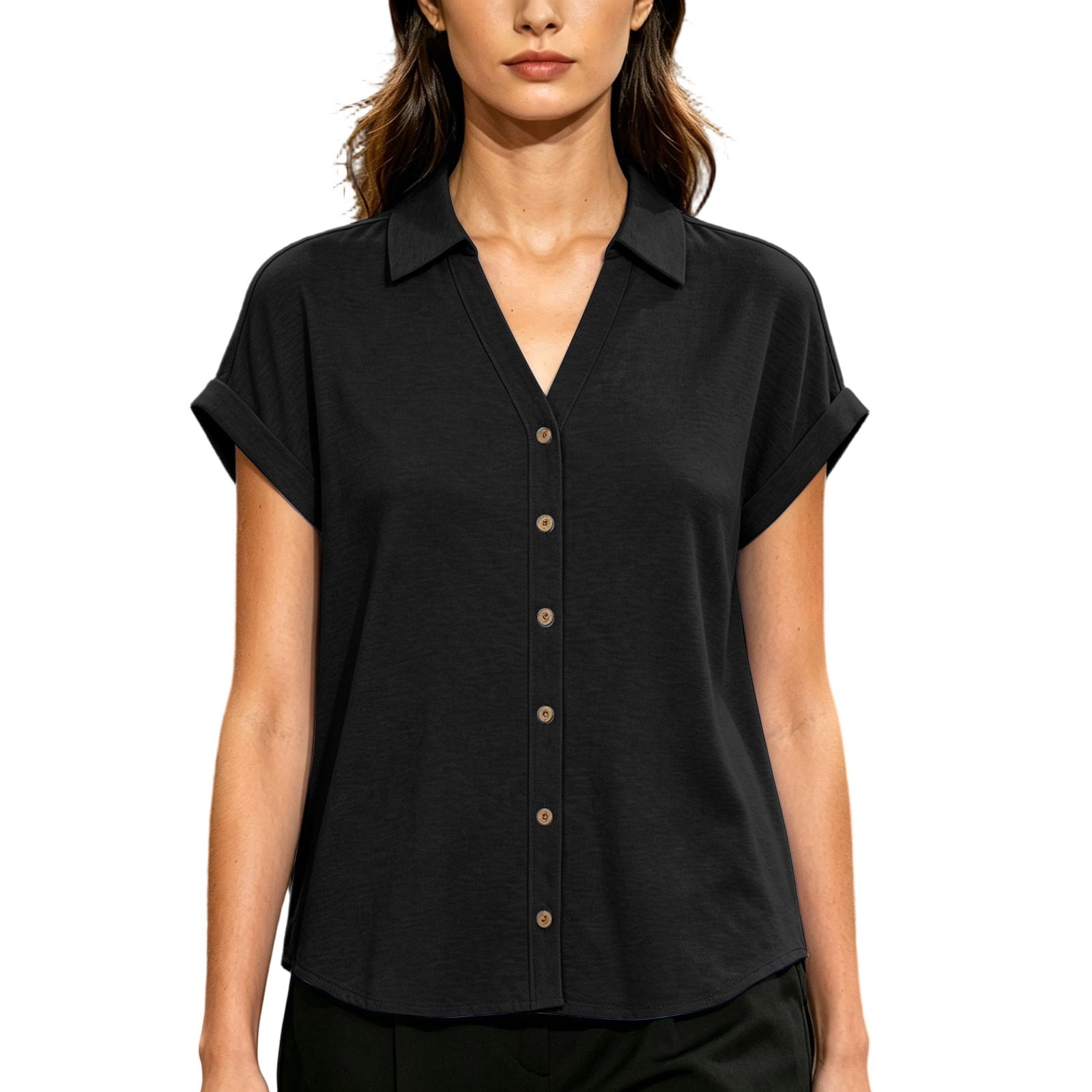 ATOYSOY Womens Tops Dressy Casual Solid Color Point Collar V Neck Roll ...