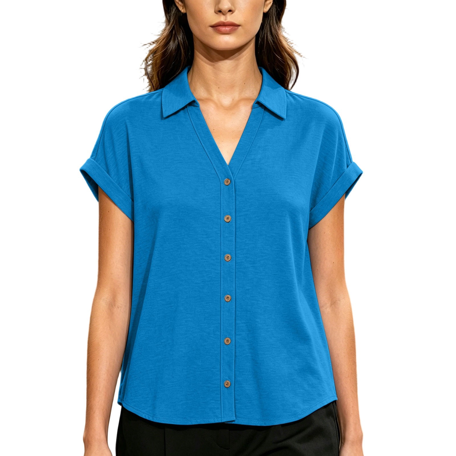 ATOYSOY Womens Tops Dressy Casual Solid Color Point Collar V Neck Roll ...