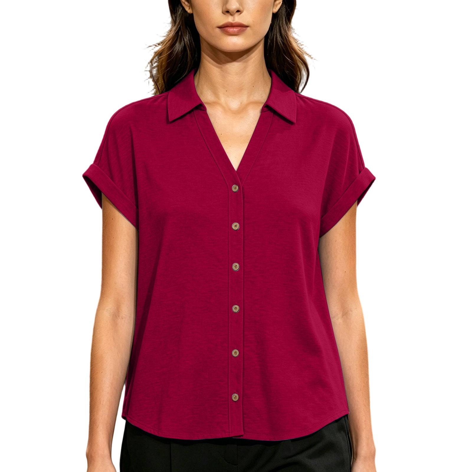 ATOYSOY Womens Tops Dressy Casual Solid Color Point Collar V Neck Roll ...