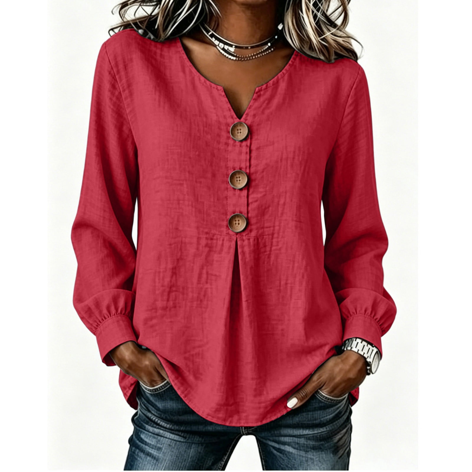 ATOYSOY Womens Tops Oversized Linen Mixed Split V Neck Button Placket ...