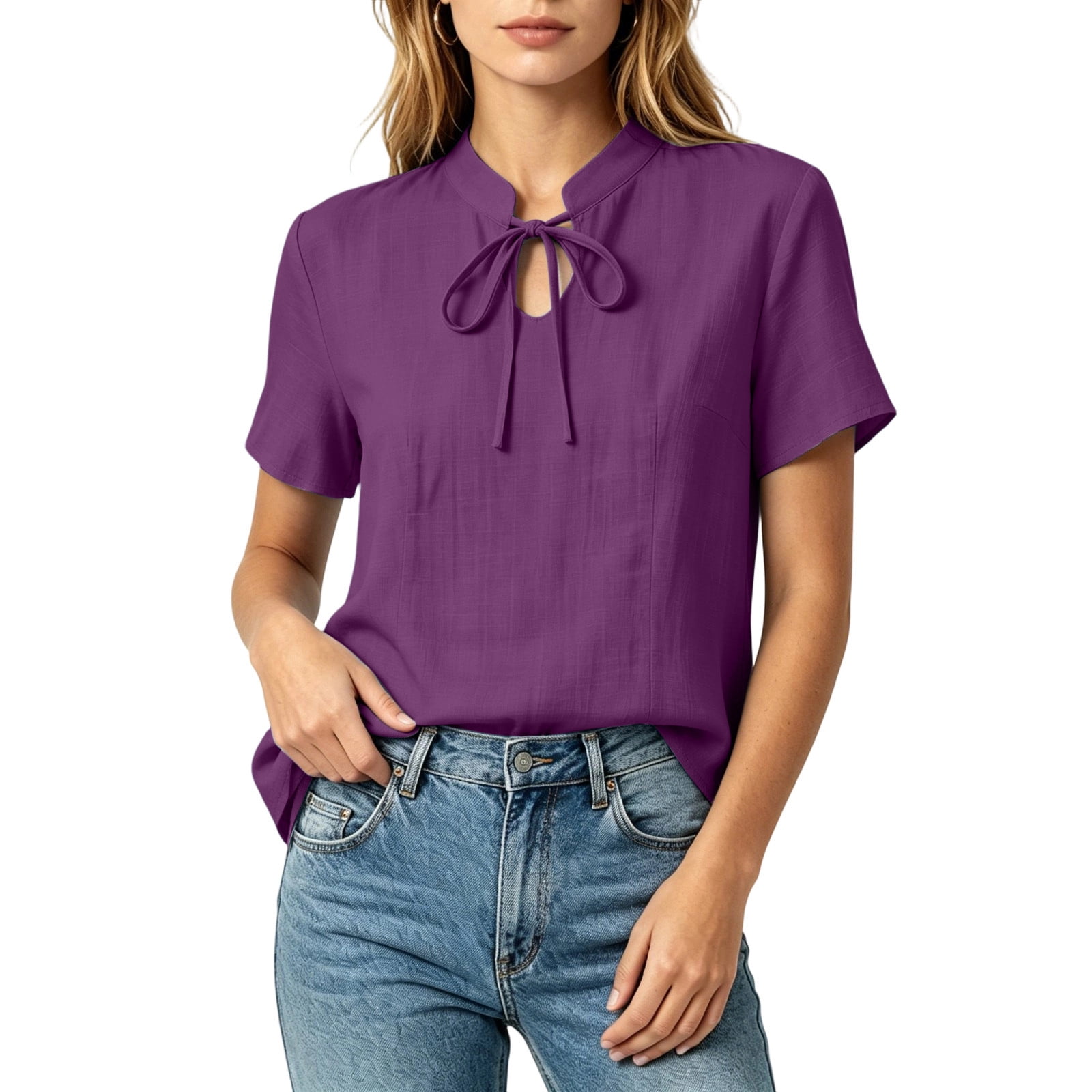 ATOYSOY Womens Tops Trendy Solid Color Mandarin Bow V Neck Short Sleeve ...