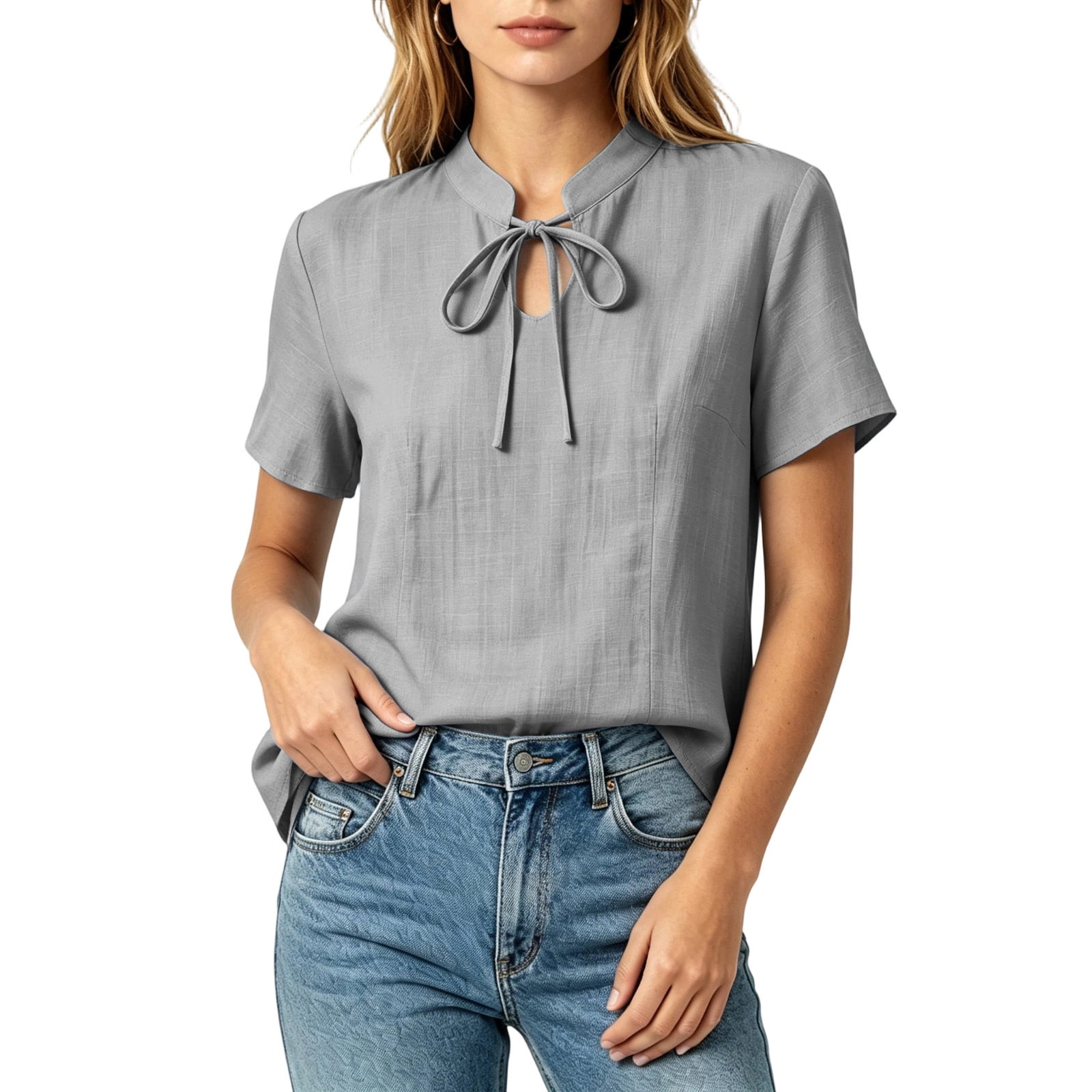 ATOYSOY Womens Tops Trendy Solid Color Mandarin Bow V Neck Short Sleeve ...