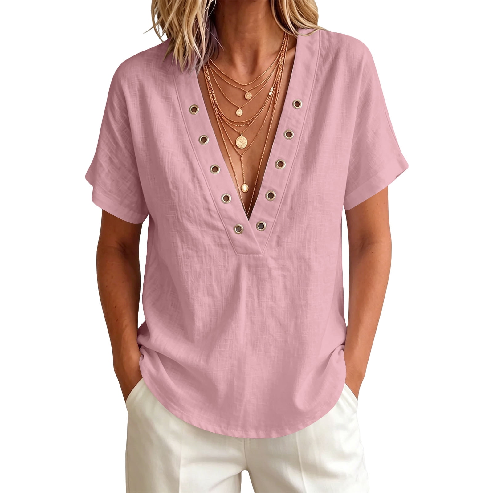 ATOYSOY Womens Tops Trendy Solid Color V Neck Eyelet Placket Roll Cuff ...