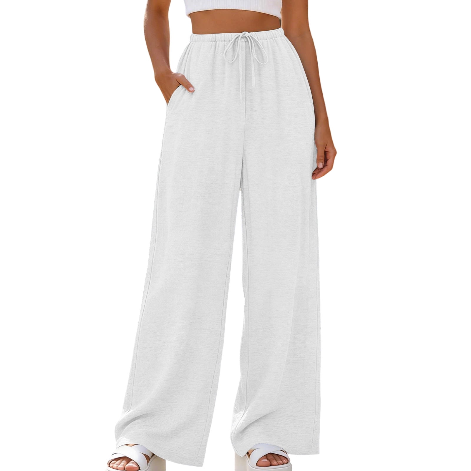 ATOYSOY Womens Wide Leg Casual Pants Solid Color Drawstring Elastic ...