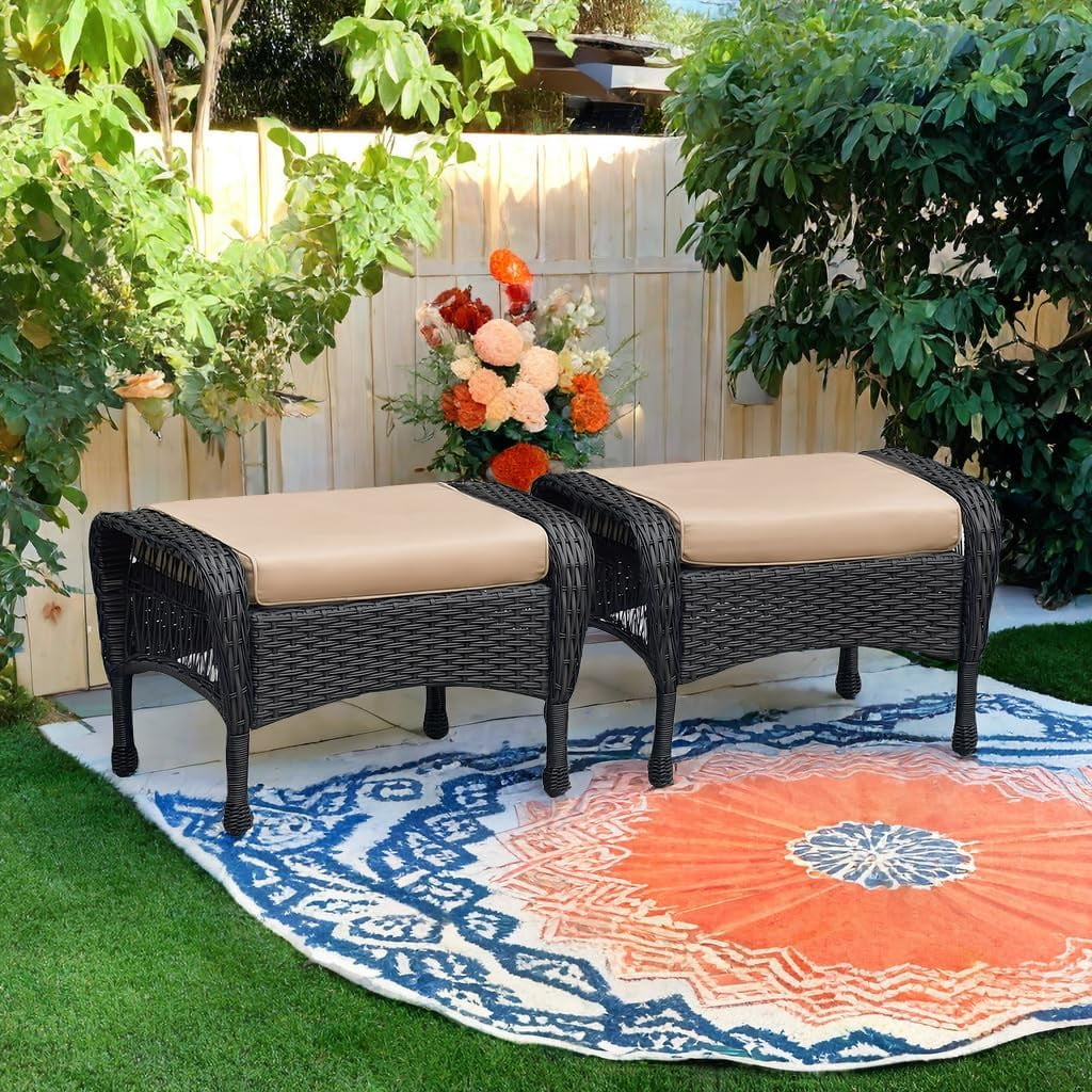 ATR ART TO REAL 2 Pieces Outdoor Wicker Ottoman All Weather Outdoor Footstools for Patio Patio ...