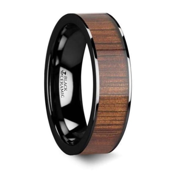 ATREUS Polished Black Ceramic Flat Wedding Band with Koa Wood Inlay ...