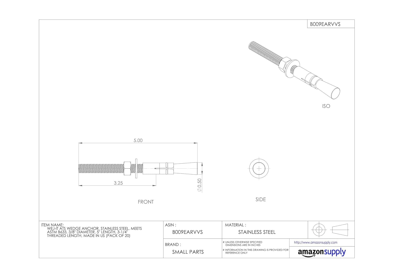 ATS Wedge Anchor, 304 Stainless Steel, Meets QQZ-325Z Type II Class 3 ...