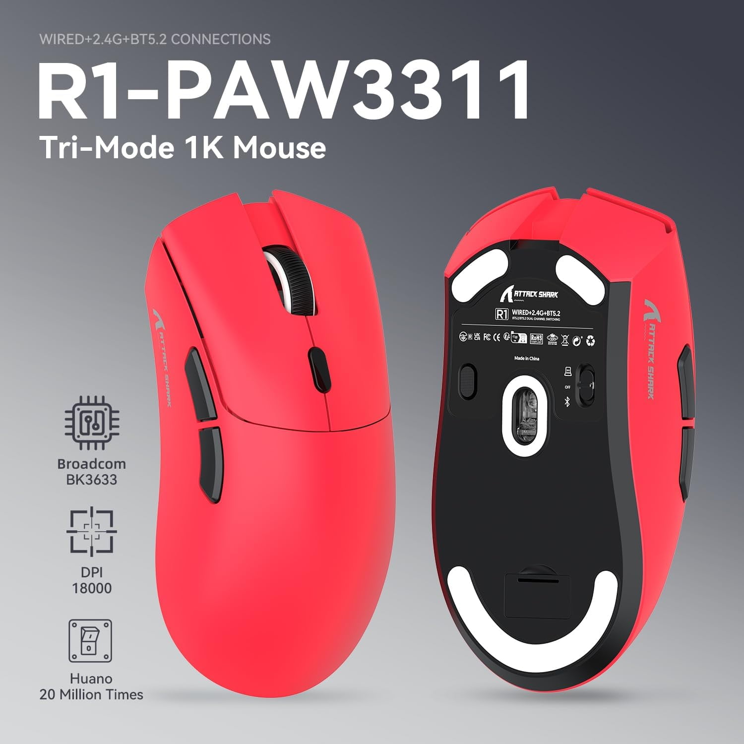 ATTACK SHARK R1 SUPERLIGHT Mouse with Tape, PixArt PAW3311 Gaming ...