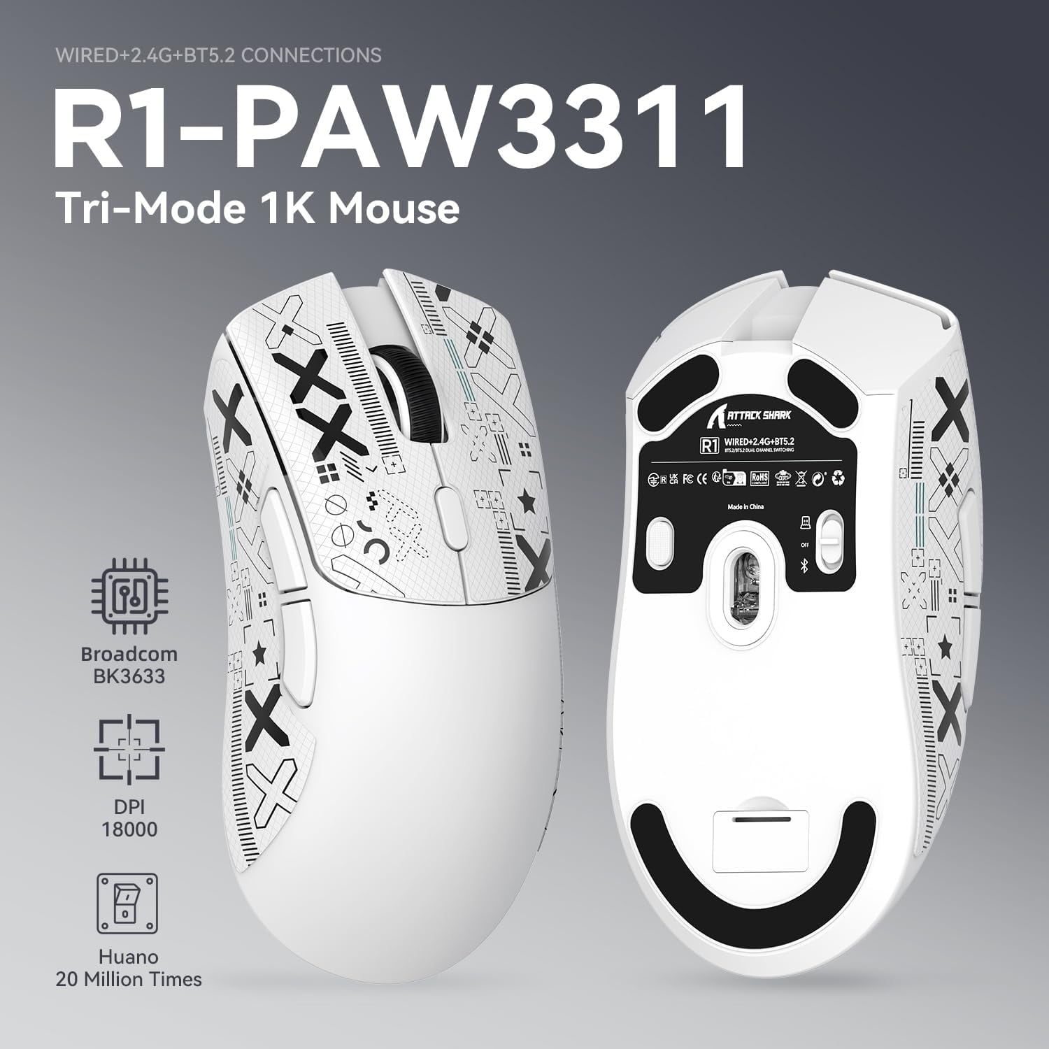 ATTACK SHARK R1 SUPERLIGHT Mouse with Tape, PixArt PAW3311 Gaming ...