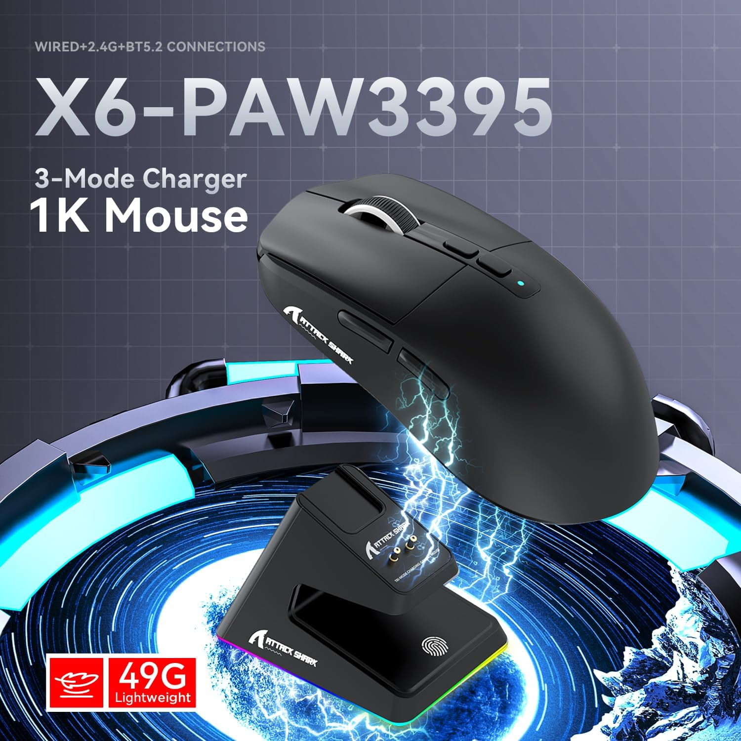 ATTACK SHARK X6 49g SUPERLIGHT Mouse with Magnetic Charging Dock ...