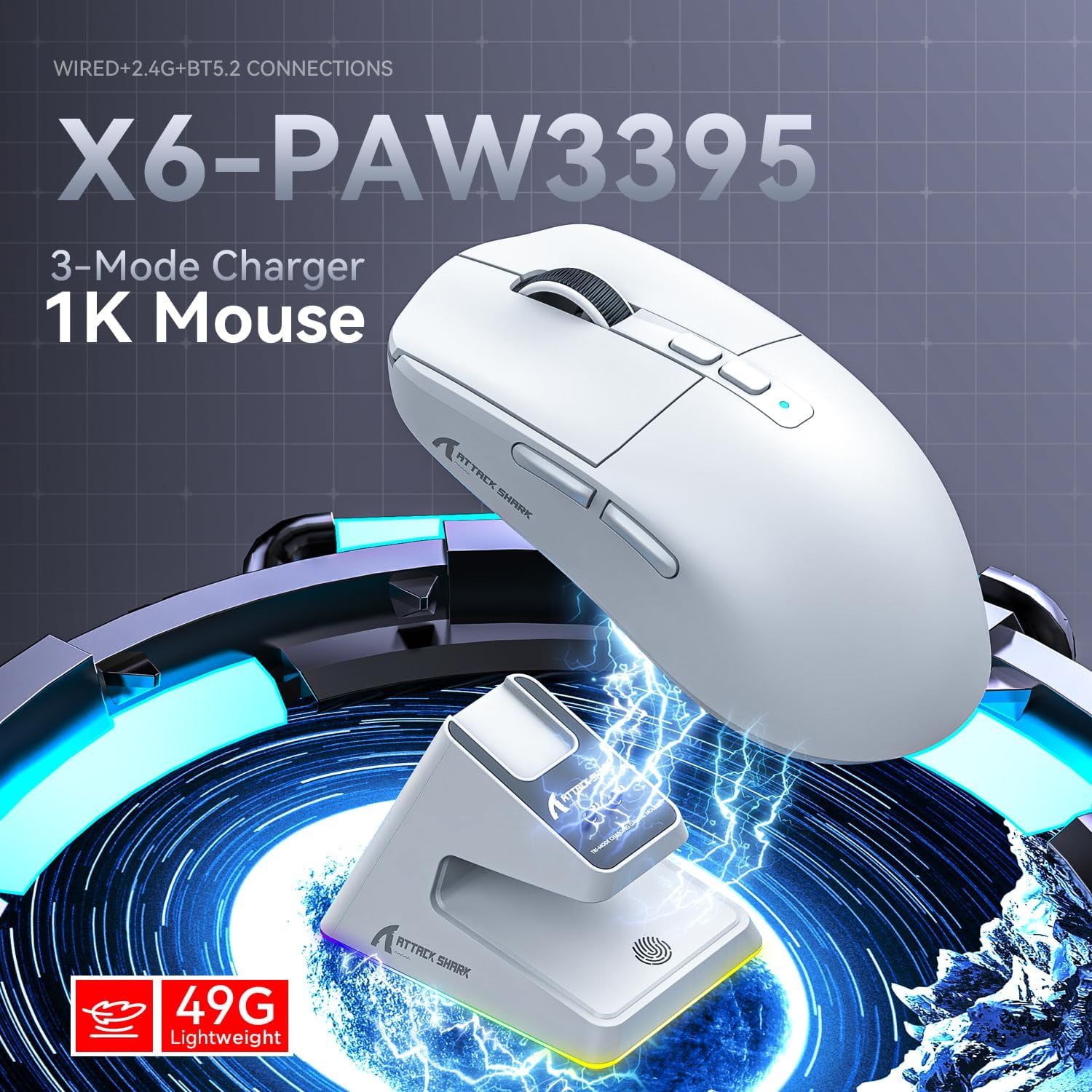ATTACK SHARK X6 49g SUPERLIGHT Mouse with Magnetic Charging Dock ...