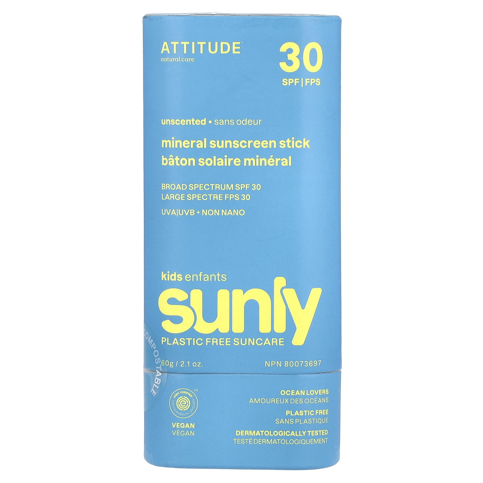 ATTITUDE Sunly, Mineral Sunscreen Stick, For Kids, SPF 30, Unscented, 2 ...