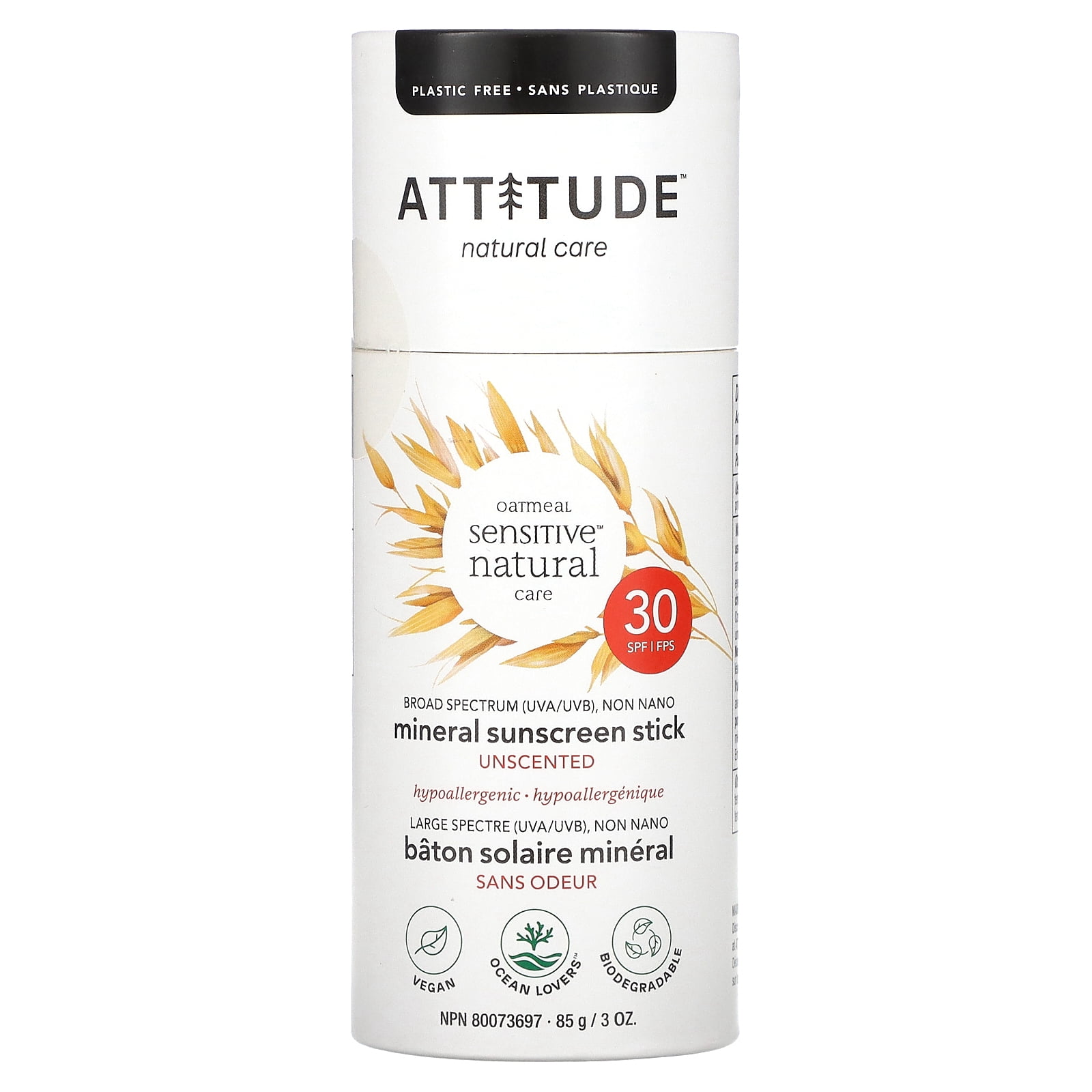 ATTITUDE Oatmeal Sensitive Natural Care, Mineral Sunscreen Stick, SPF ...