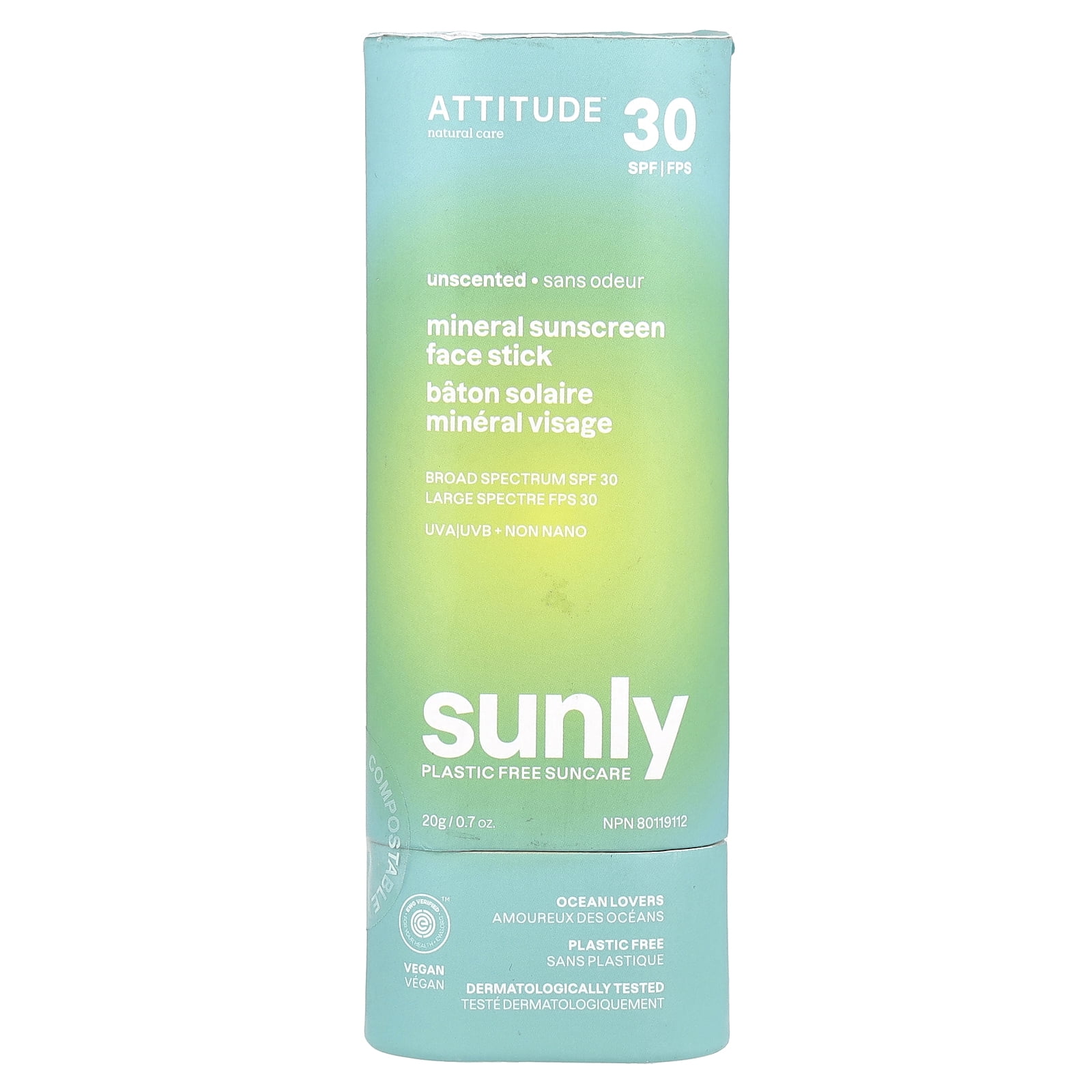 ATTITUDE, Sunly Mineral Sunscreen Face Stick, SPF 30, Unscented 0.7oz ...