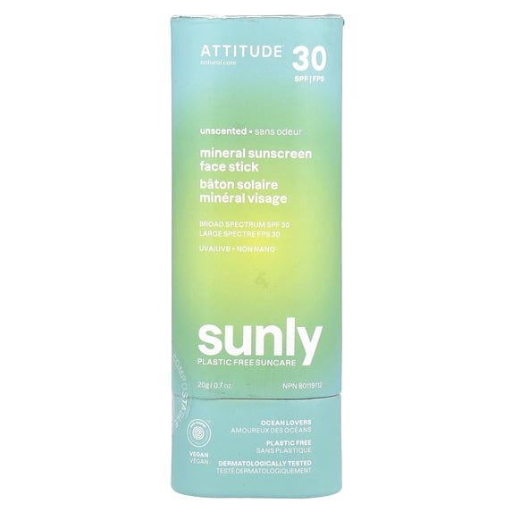 ATTITUDE, Sunly Mineral Sunscreen Face Stick, SPF 30, Unscented 0.7oz ...