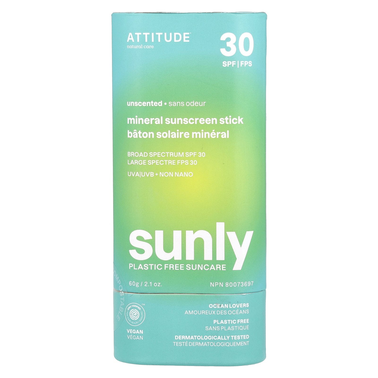 ATTITUDE Sunly, Mineral Sunscreen Stick, SPF 30, Unscented, 2.1 oz (60 ...