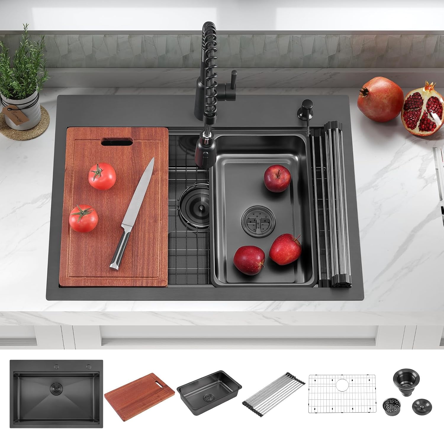 ATTOP 30 Inch Black Workstation Drop in Kitchen Sink Large Single Bowl ...