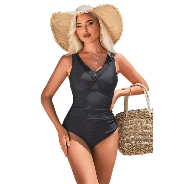 Attraco One Piece Swimsuit Women Pectoral Cross V Collar Bathing Suit