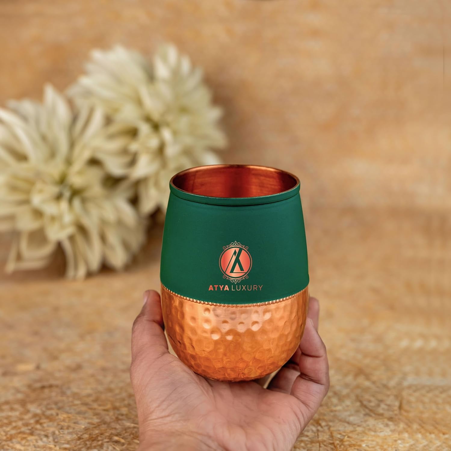 ATYA LUXURY Copper Water Tumbler Glass 300 ML Half Hammered Half Green ...