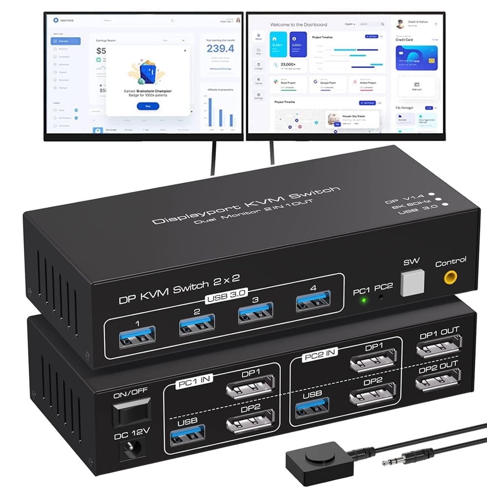 AUBEAMTO Displayport KVM Switch 2 Monitors 2 Computers 8K@60Hz 4K@120Hz Dual Monitor USB 3.0 DP ...