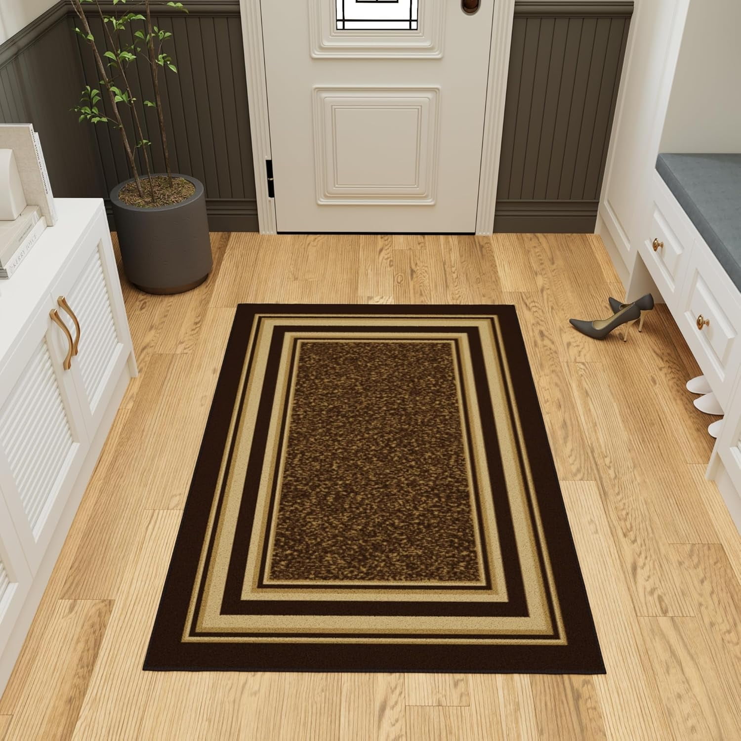 AUCOOD-Bordered Brown Ottohome Collection Contemporary, Area Rug-3'3" x ...