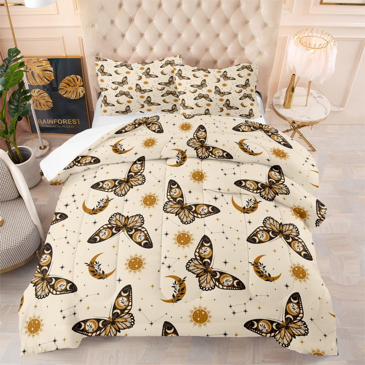 AUCOOMA Comforter Set Twin size Butterfly Sun Gothic Classical Comforter Set Comforter Set with ...