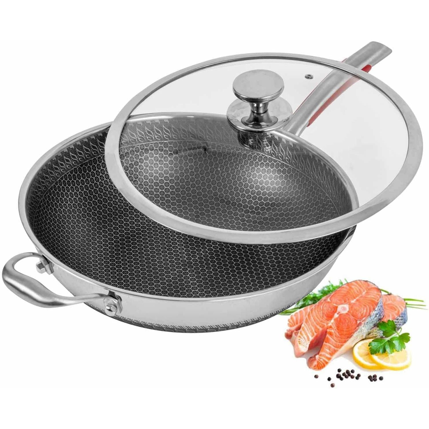 AUDANNE Wok Pans with Lid, 13" Large Stainless Steel Honeycomb Skillet ...