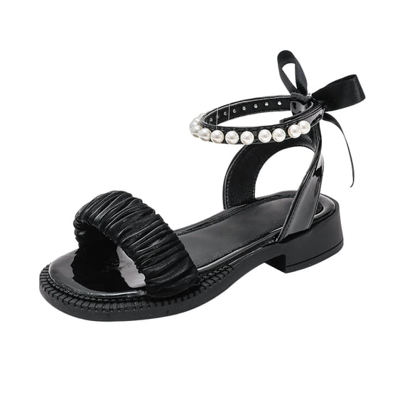 AUDeals Girls Dress Sandals with Pearl Ankle Strap, Ruched Open Toe ...