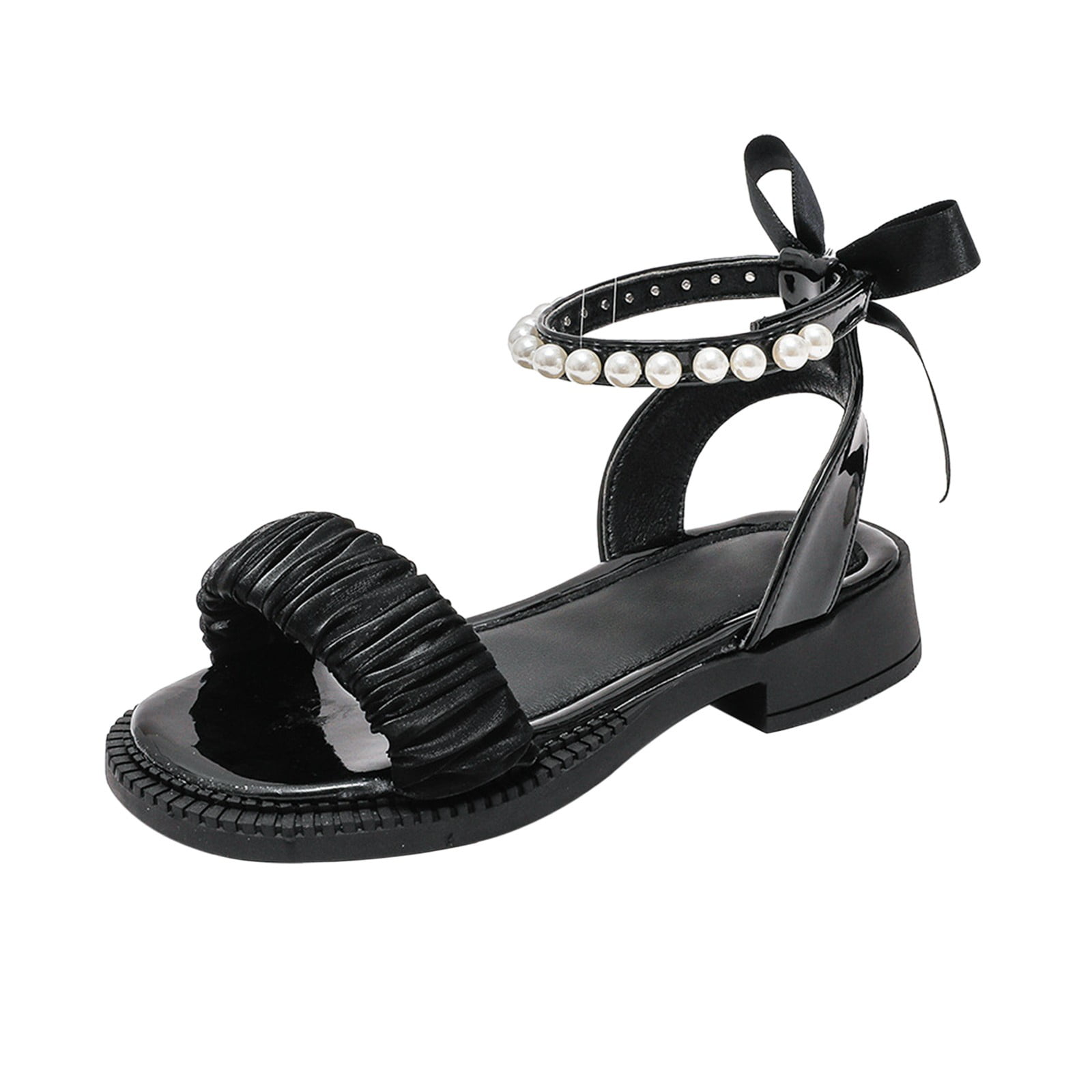 AUDeals Girls Dress Sandals with Pearl Ankle Strap, Ruched Open Toe ...
