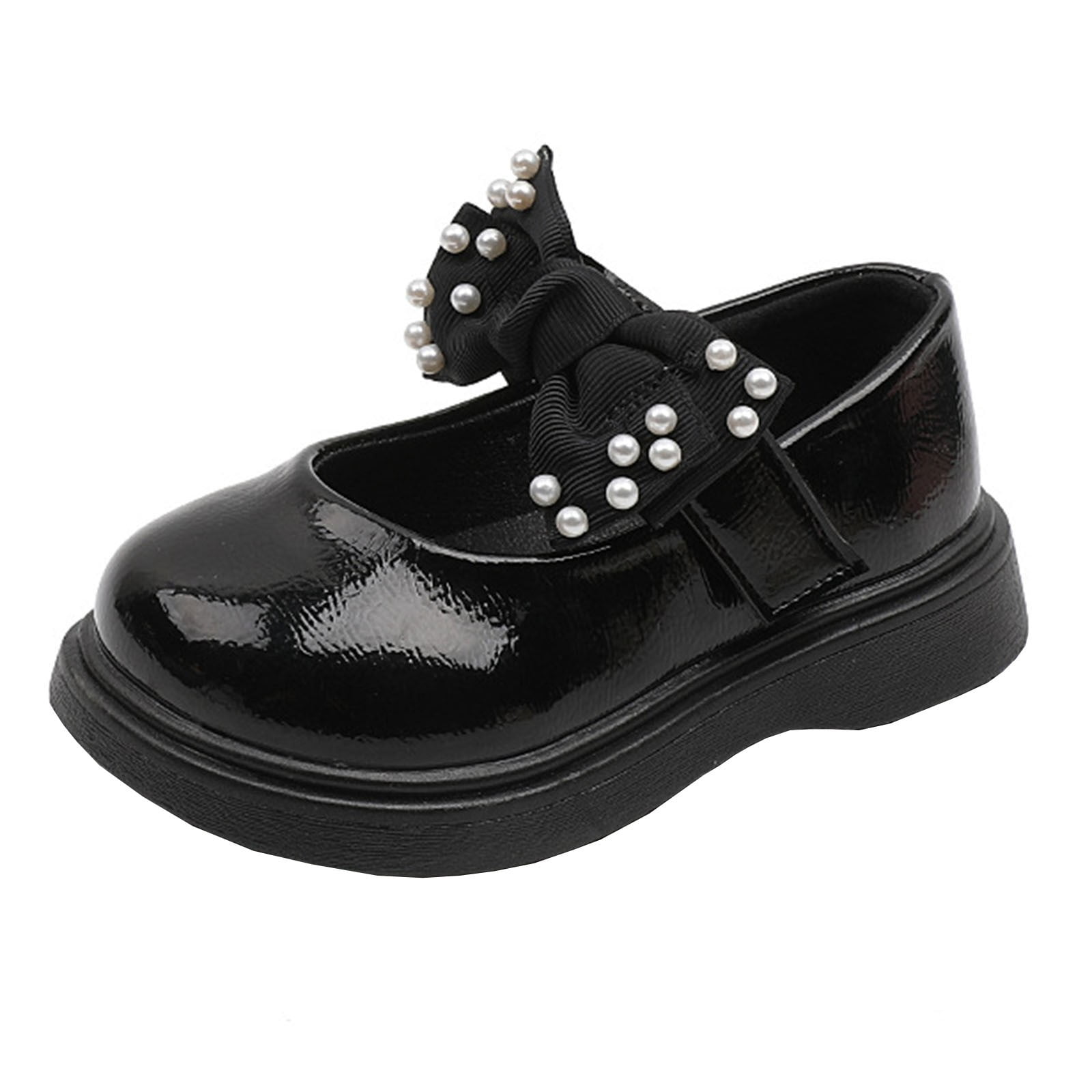 AUDeals Girls Mary Jane Dress Shoes - Pearl Bow Hook and Loop Strap Non ...