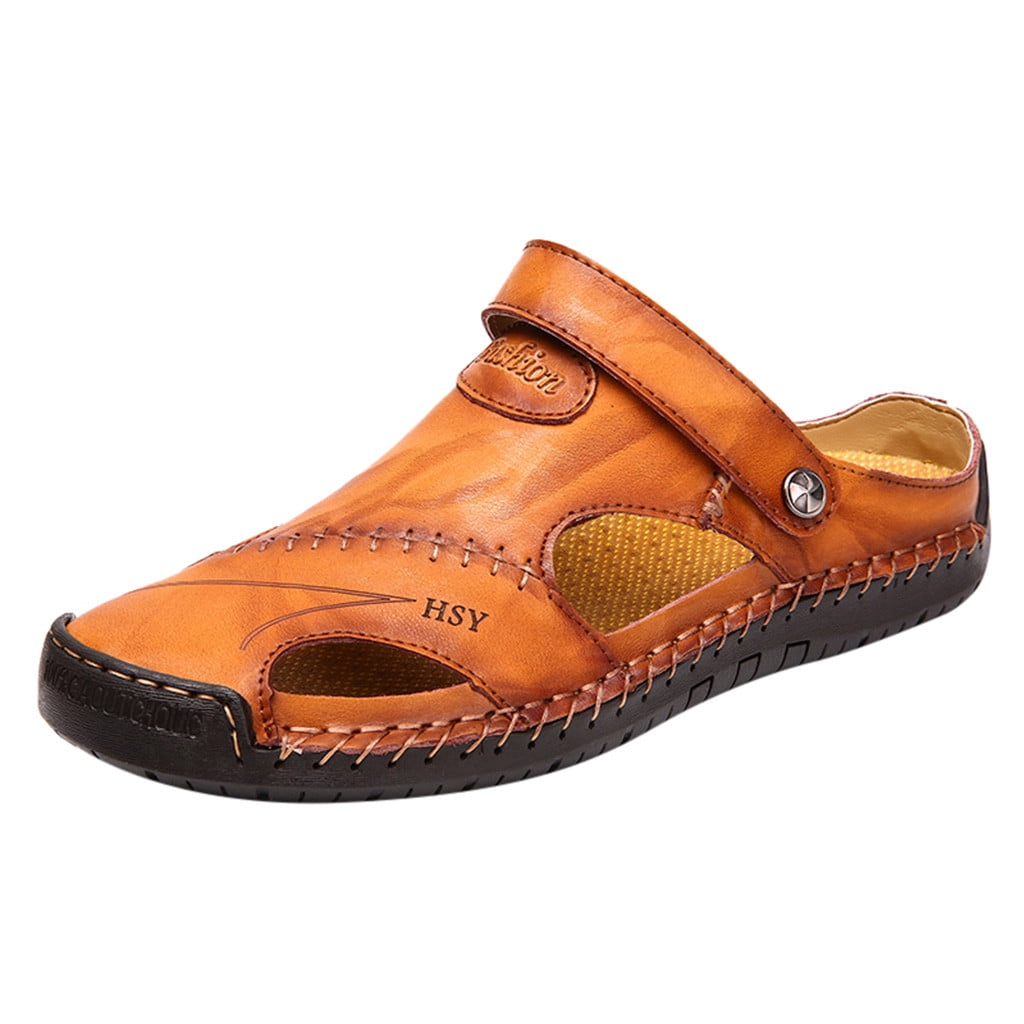 AUDeals Men’s Closed Toe Sandals Casual Leather Beach Sandals ...