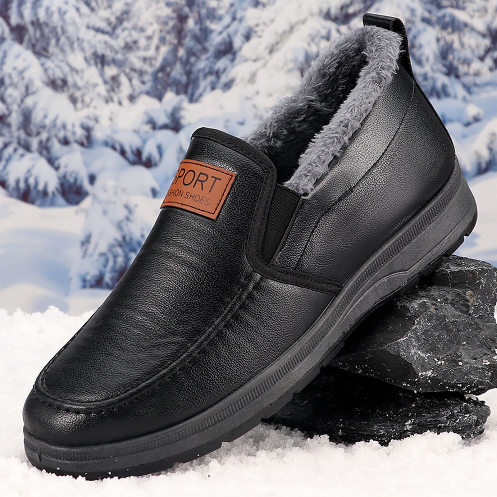 AUDeals Men's Snow Boots, Leather Slip On Shoes with Warm Fur Lining ...