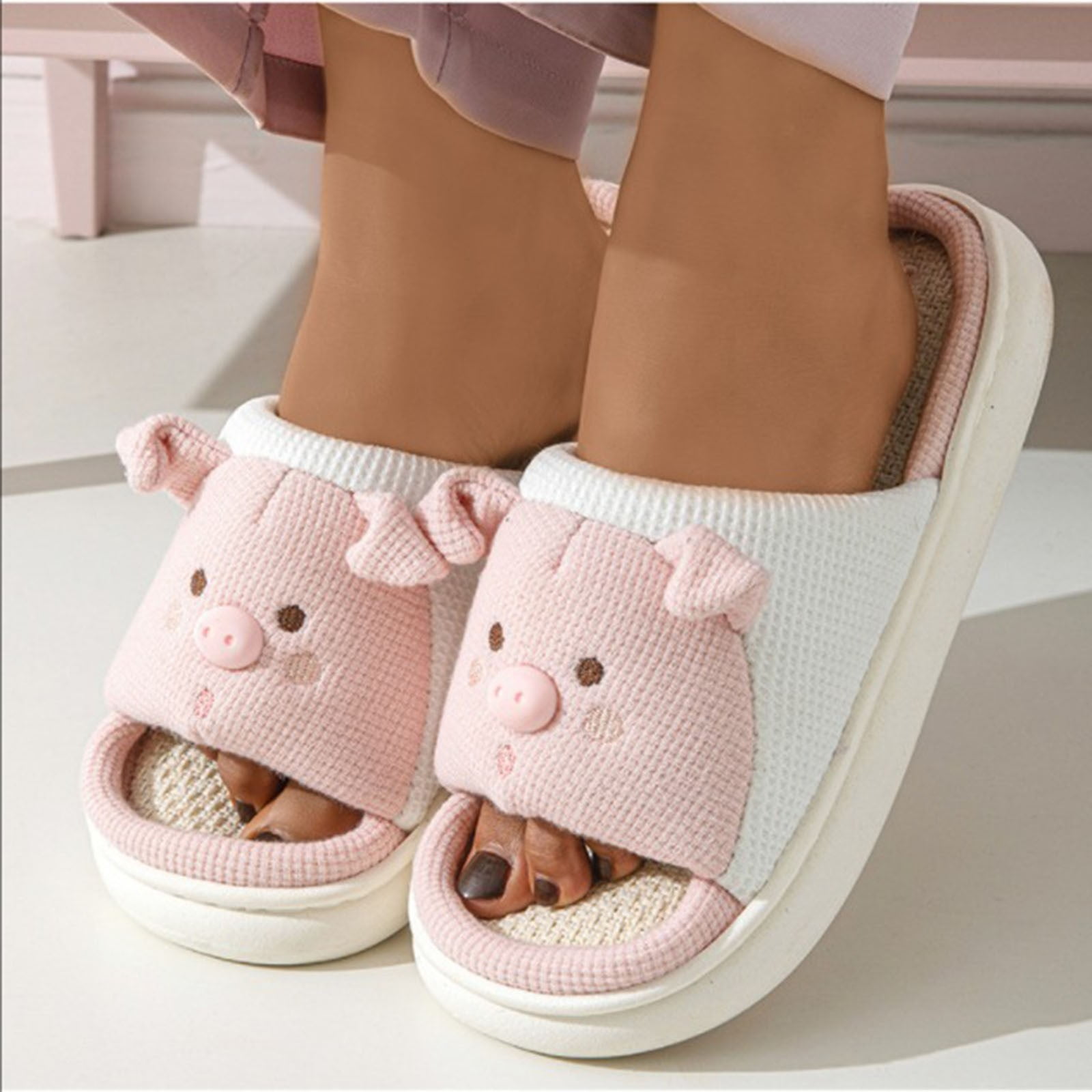 AUDeals Pig Slippers for Adults, Open Toe Linen House Shoes with Thick ...
